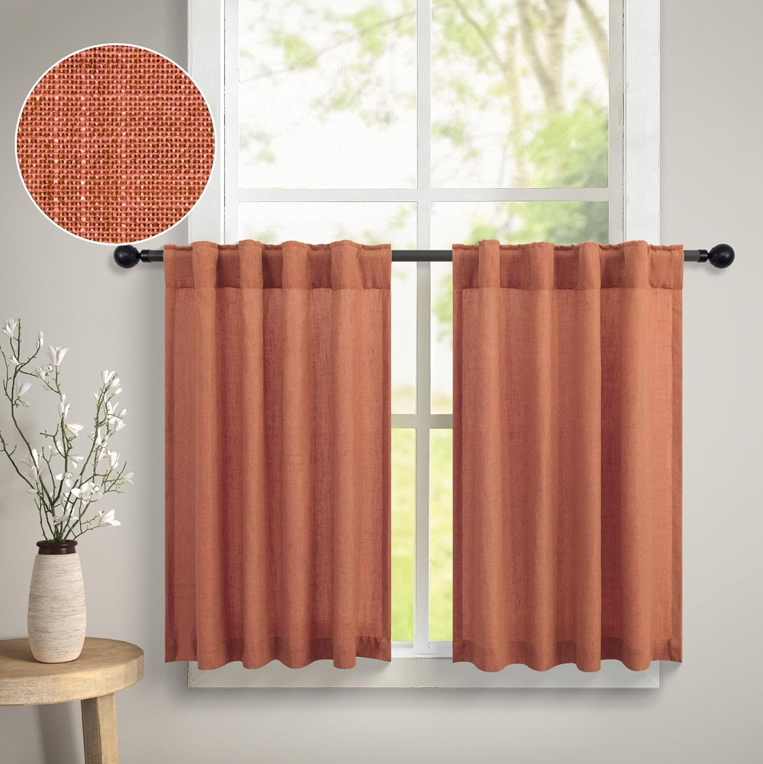 Burnt Orange Linen Cafe Curtains 30 Inches Long for Kitchen Boho Decor ...
