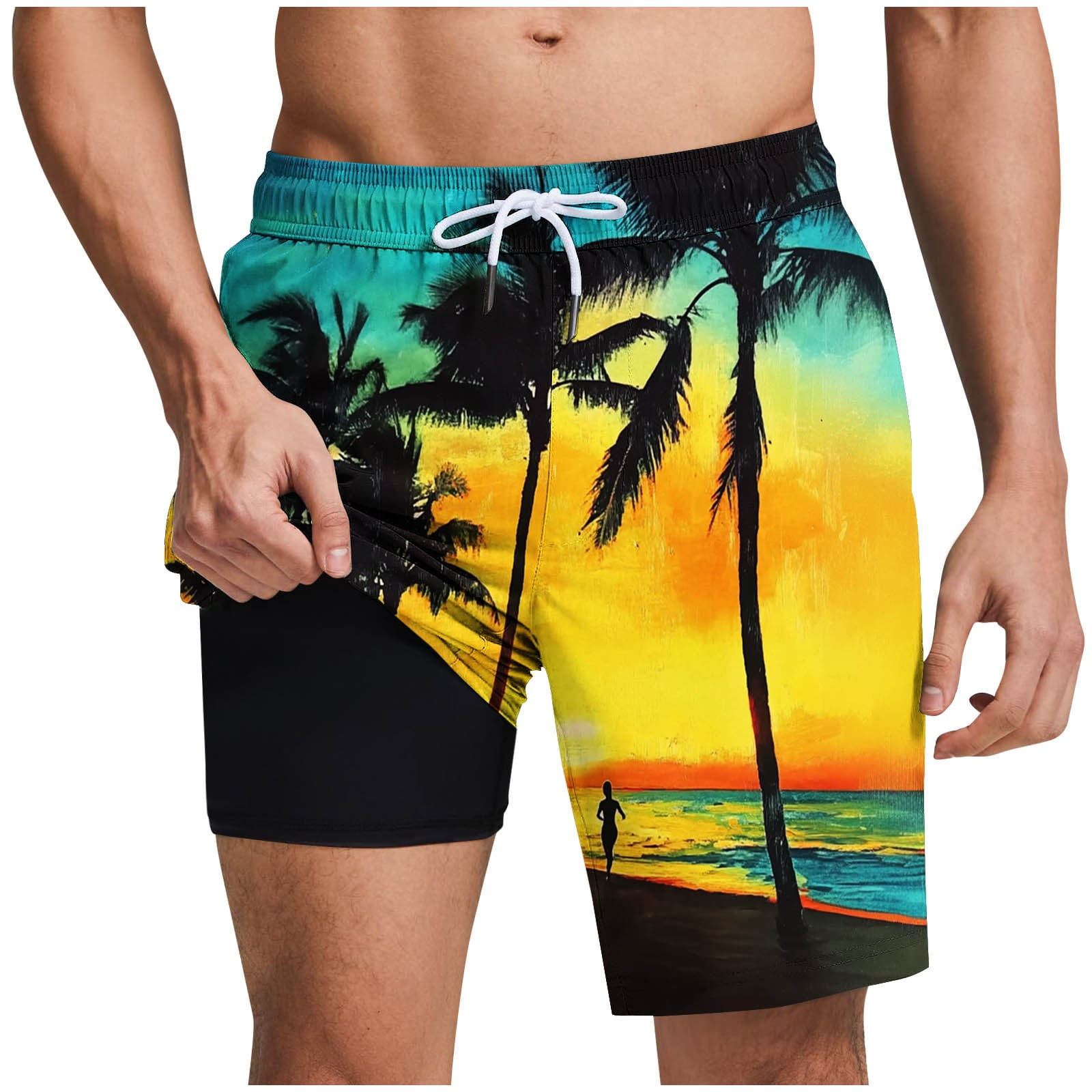 Burnt Orange Man Hawaiian Ruched Tropical Straight Leg Elastic Waist ...