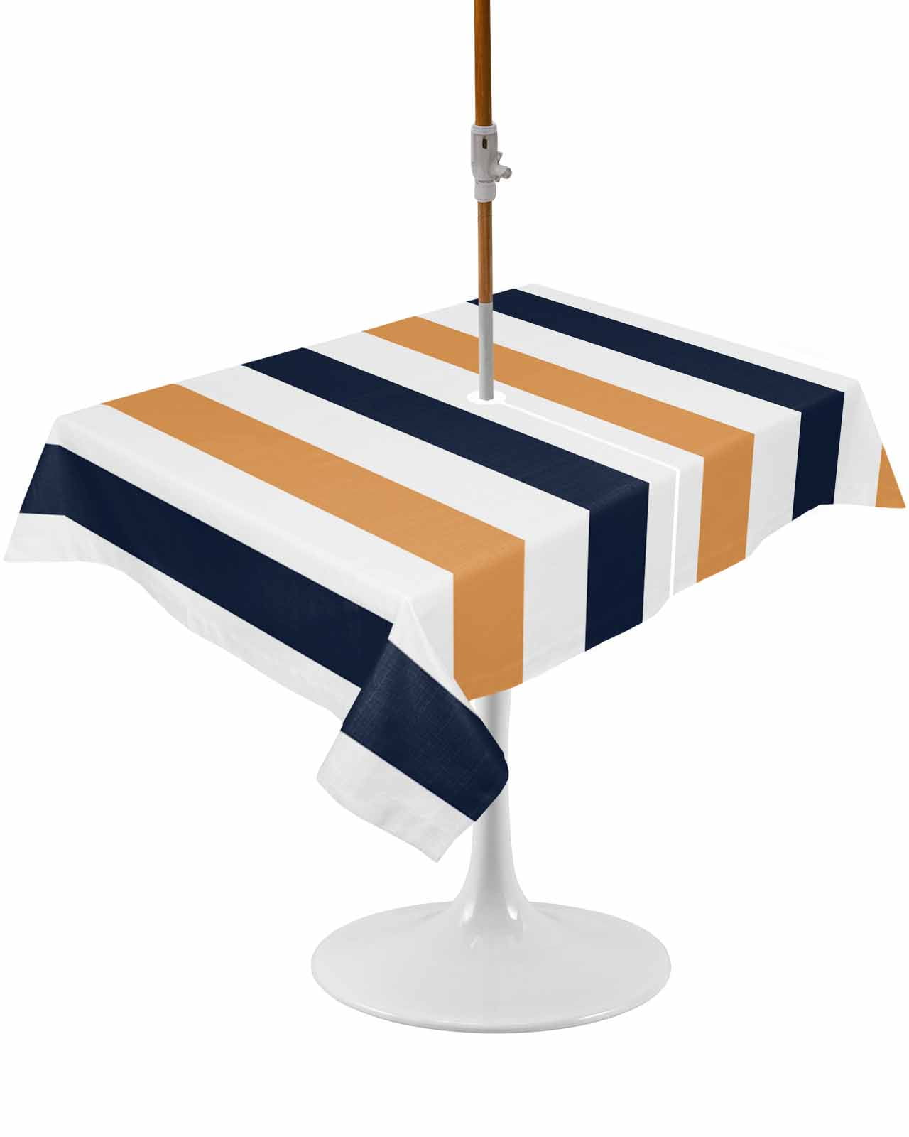 Burnt Orange Navy Blue Striped Rectangle Outdoor Tablecloth, Waterproof ...