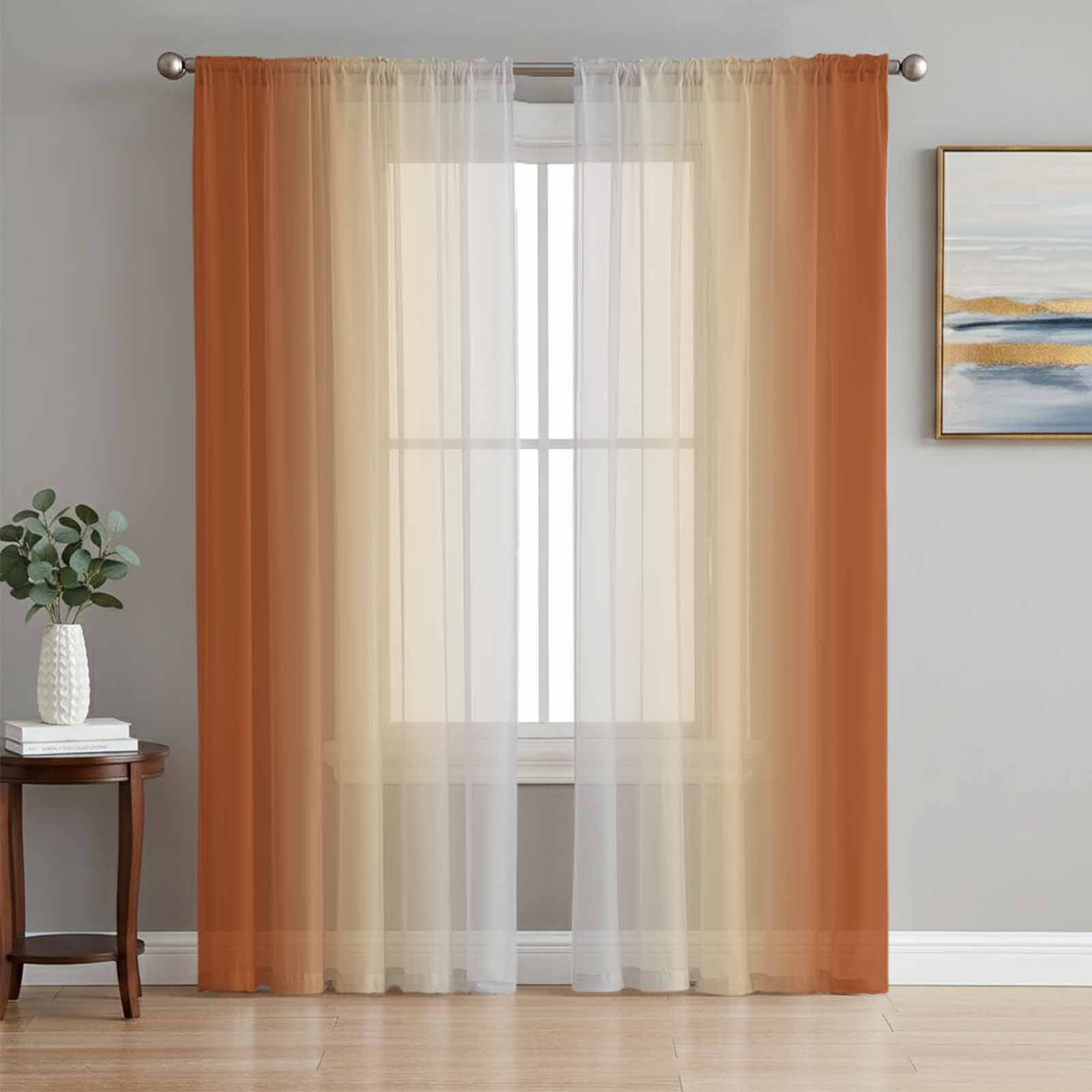 Burnt Orange Ombre Sheer Curtains 96 Inch Length 2 Panels Set Window ...