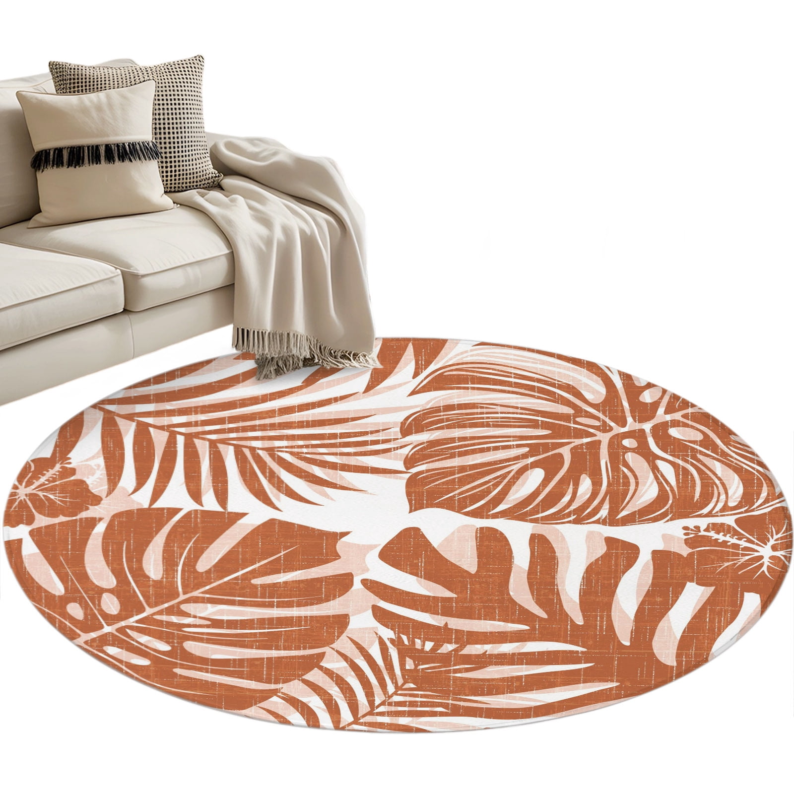 Burnt Orange Palm Leaves Round Living Room Rugs 3.3 ft, Tropical ...