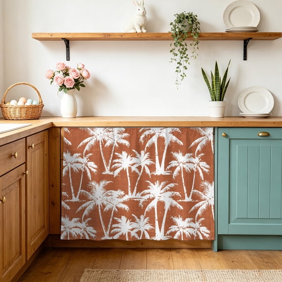 Burnt Orange Palm Tree Cabinet Curtains 11" W x 13" L, Summer Botanical ...