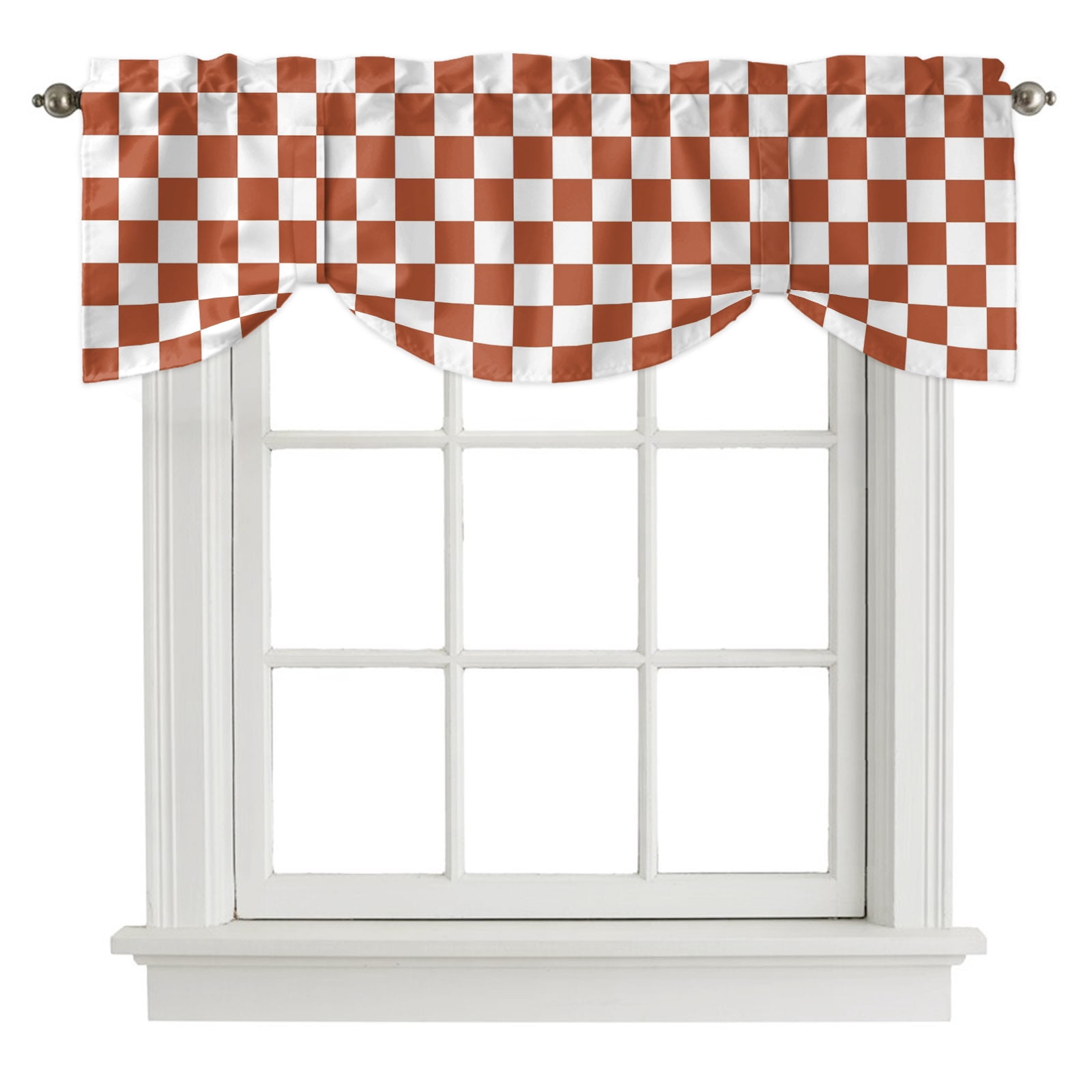 Burnt Orange Plaid Tie Up Valances Curtain, Modern Checkerboard Plaid ...