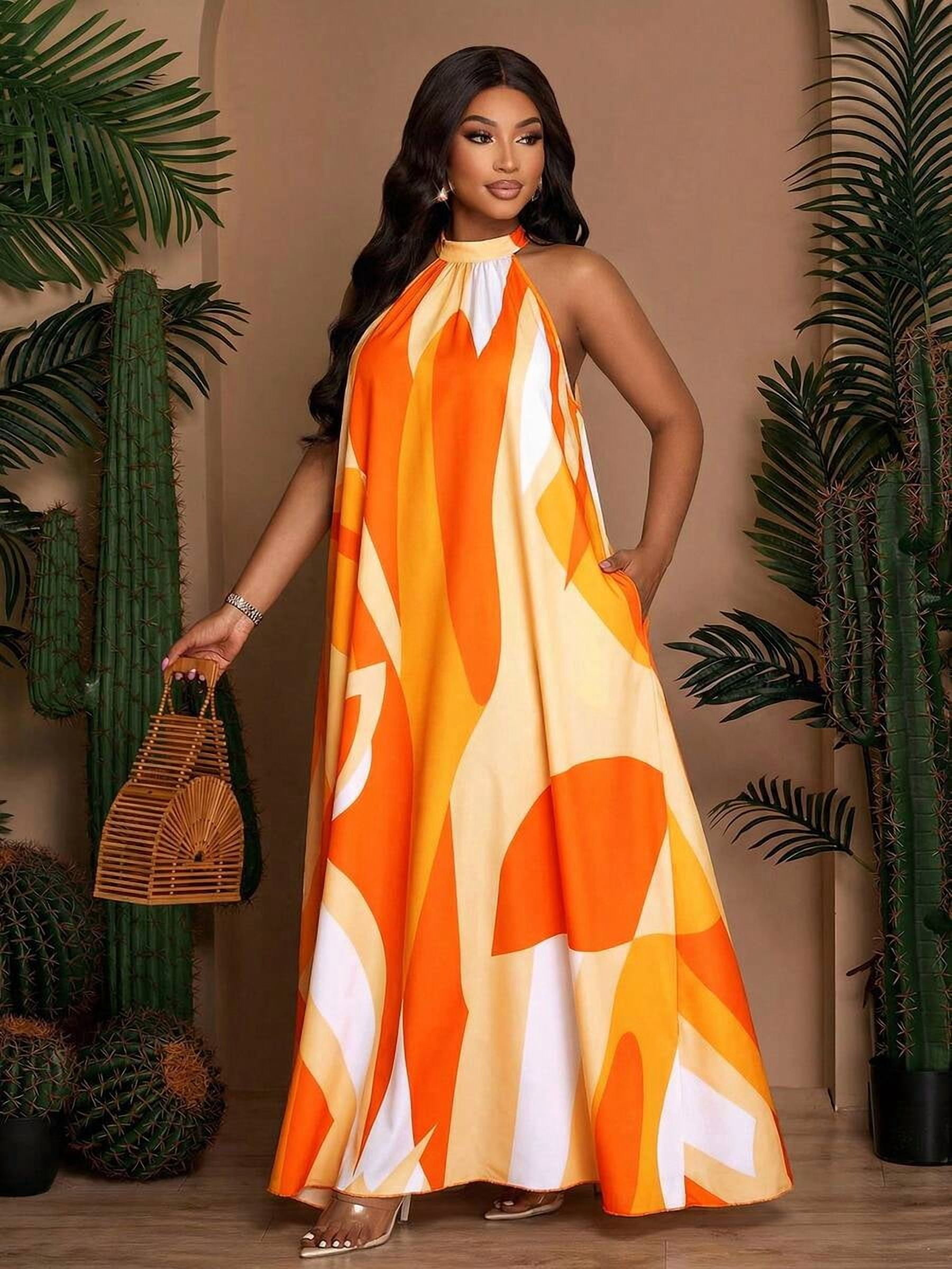 Burnt Orange Plus Size Womens Loose Sleeveless Halter Neck A-Line Maxi ...