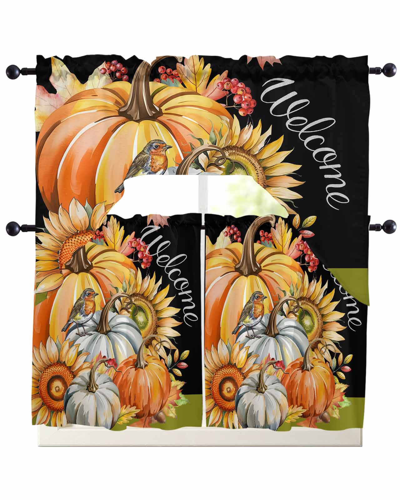 Burnt Orange Pumpkins Fall Kitchen Curtains Sets 36 Inch Length with ...