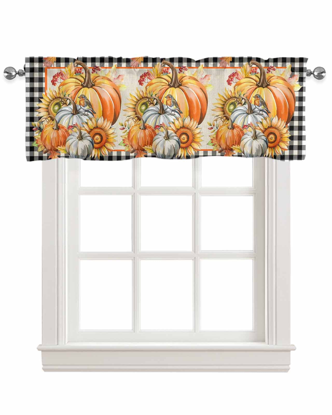Burnt Orange Pumpkins Fall Kitchen Valances for Windows Farmhouse Linen ...