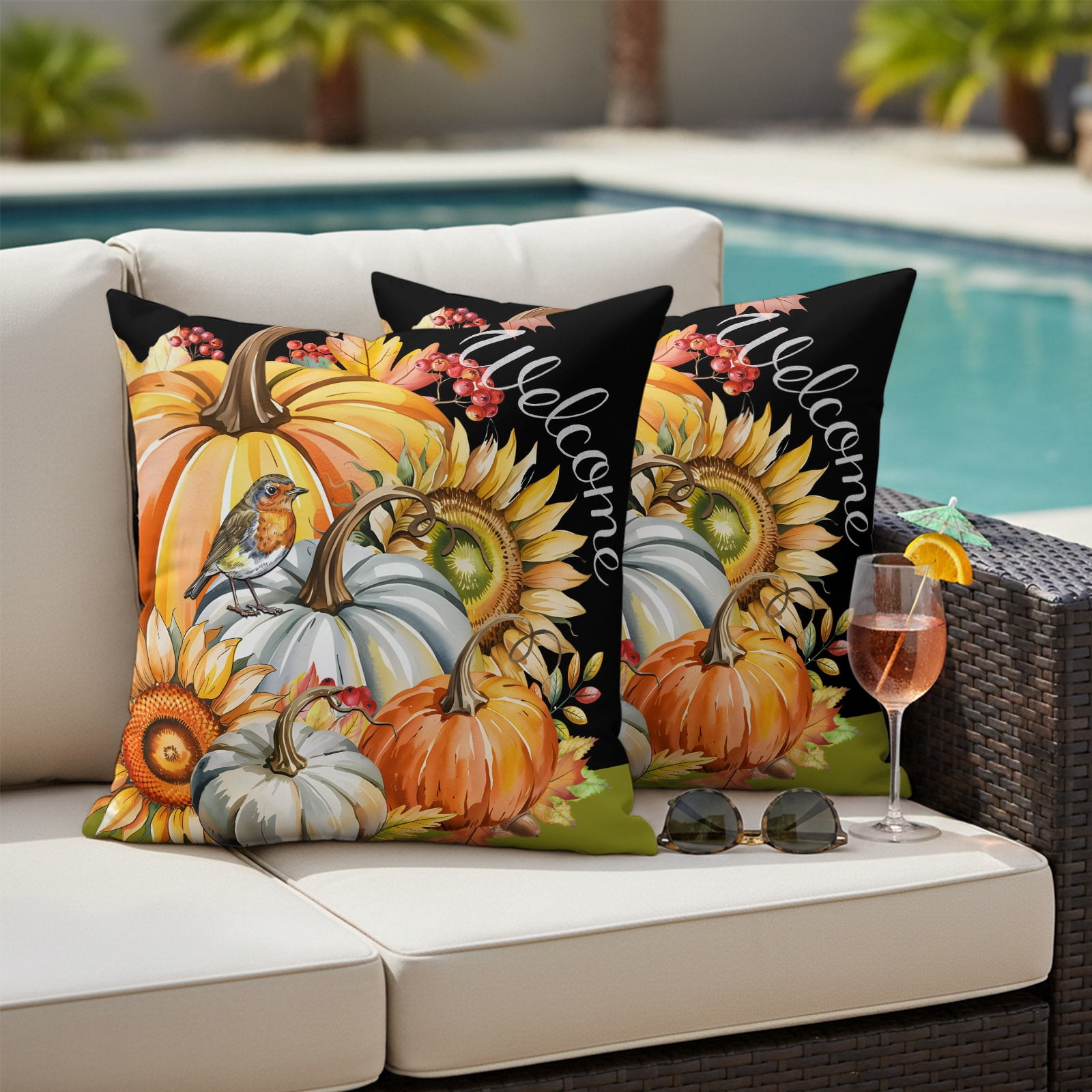 Burnt Orange Pumpkins Fall Outdoor Pillow Covers 16x16 Inch Throw ...