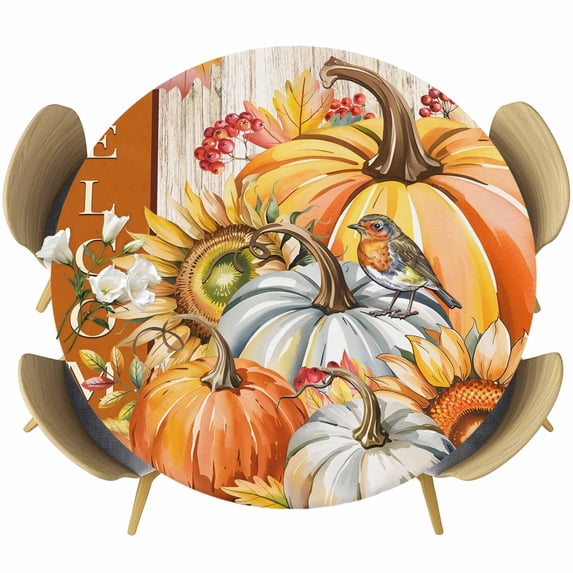 Burnt Orange Pumpkins Fall Round Tablecloth, Fitted Table Cover with ...