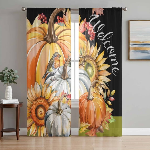 Burnt Orange Pumpkins Fall Sheer Curtains 63 Inch Length 2 Panels Set ...