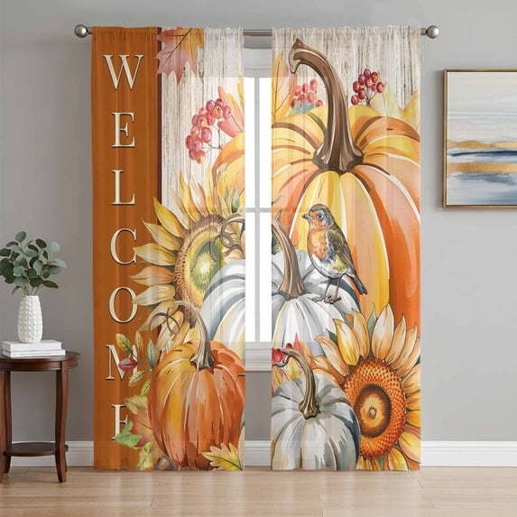 Burnt Orange Pumpkins Fall Sheer Curtains 63 Inch Length 2 Panels Set ...