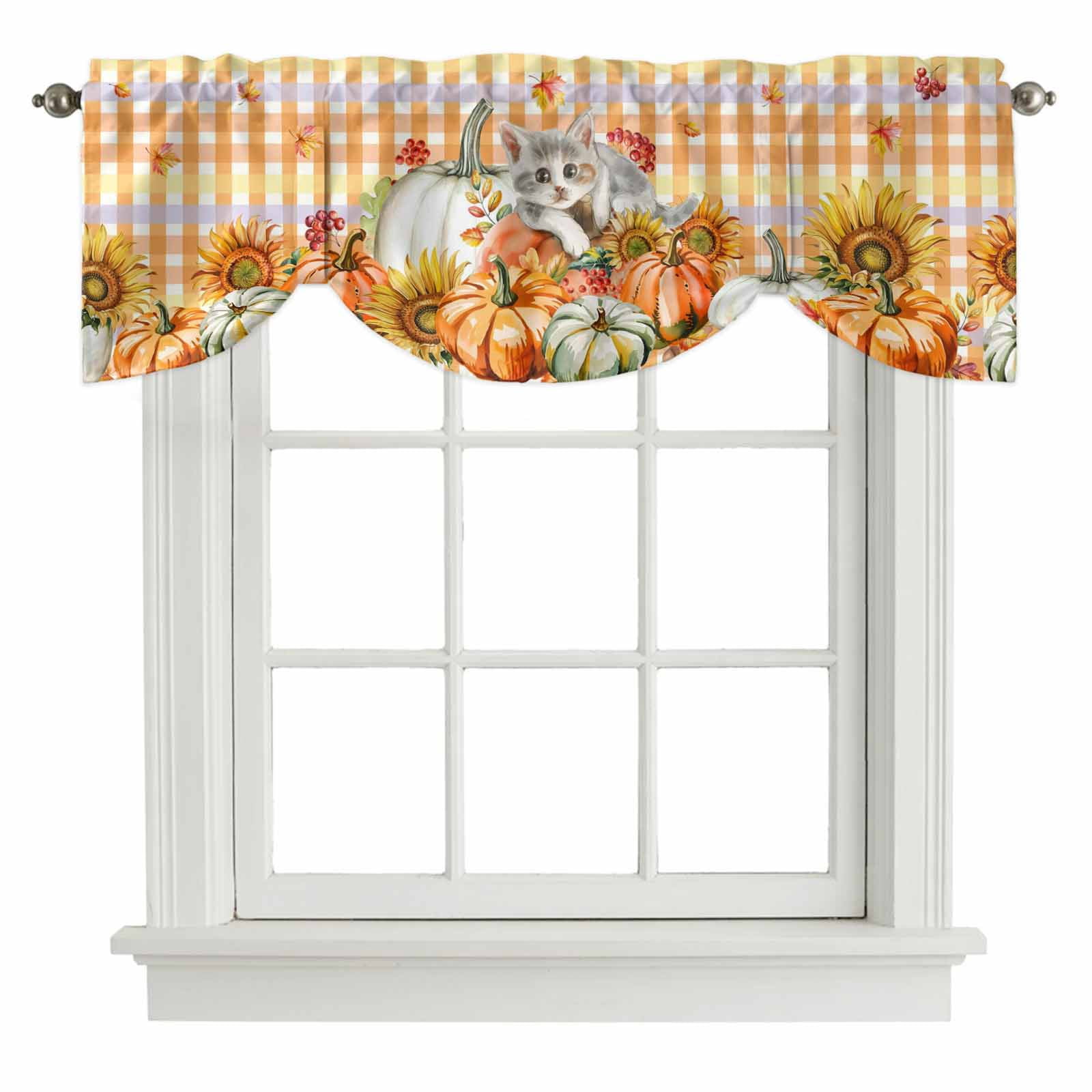 Burnt Orange Pumpkins Fall Tie Up Valance Curtains for Windows, Kitchen ...