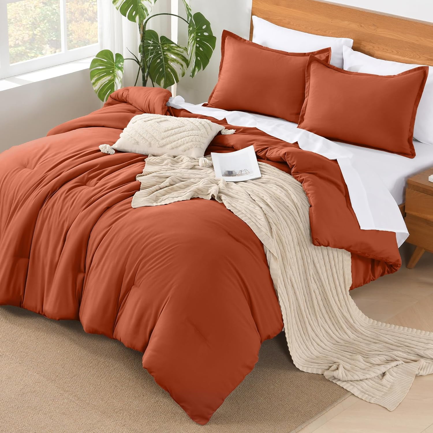 Burnt Orange Queen Comforter Set - 7 Pieces Terracotta Bed in a Bag Queen Bedding Comforter Sets ...