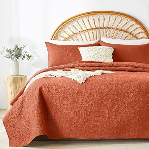 Burnt Orange Quilt Set Queen Size, Embossing Microfiber Full Bedspreads ...