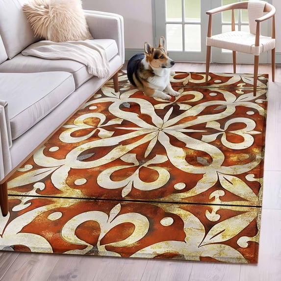 Burnt Orange Retro 3'x5' Washable Rug, Ethnic Flowers Impressionist Art ...