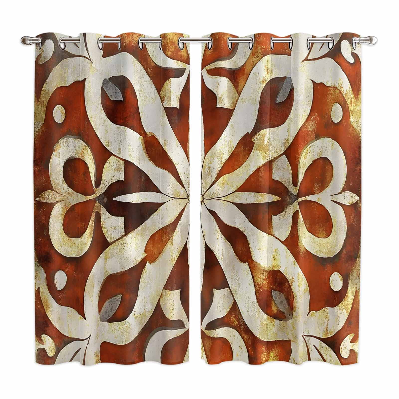 Burnt Orange Retro Kitchen Curtains 84 Inch Length, Ethnic Flowers ...