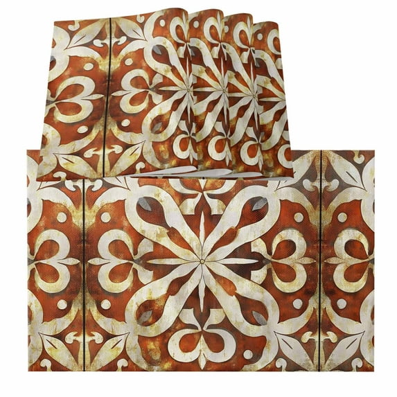 Burnt Orange Retro Placemats for Dinning Table Set of 4, Ethnic Flowers ...
