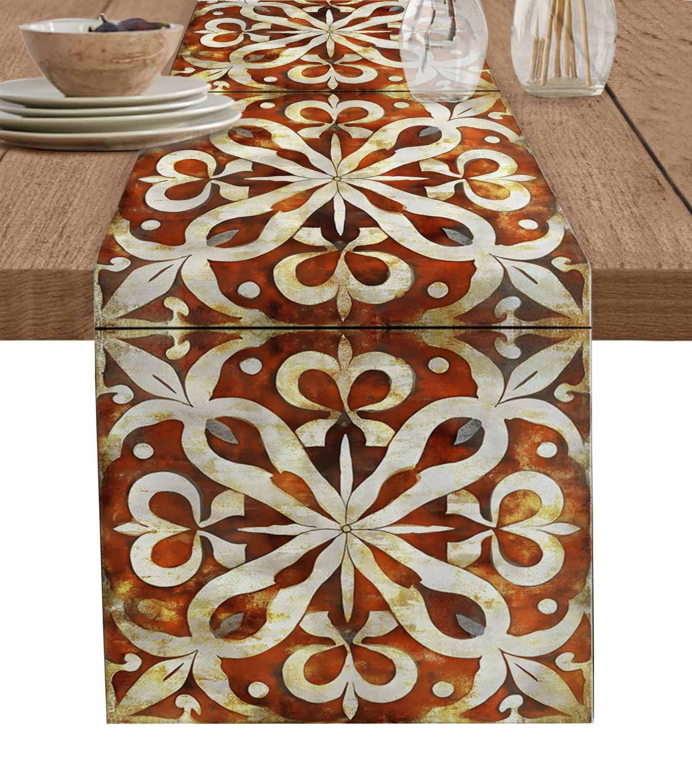 Burnt Orange Retro Table Runner 72 Inches, Ethnic Flowers Impressionist ...