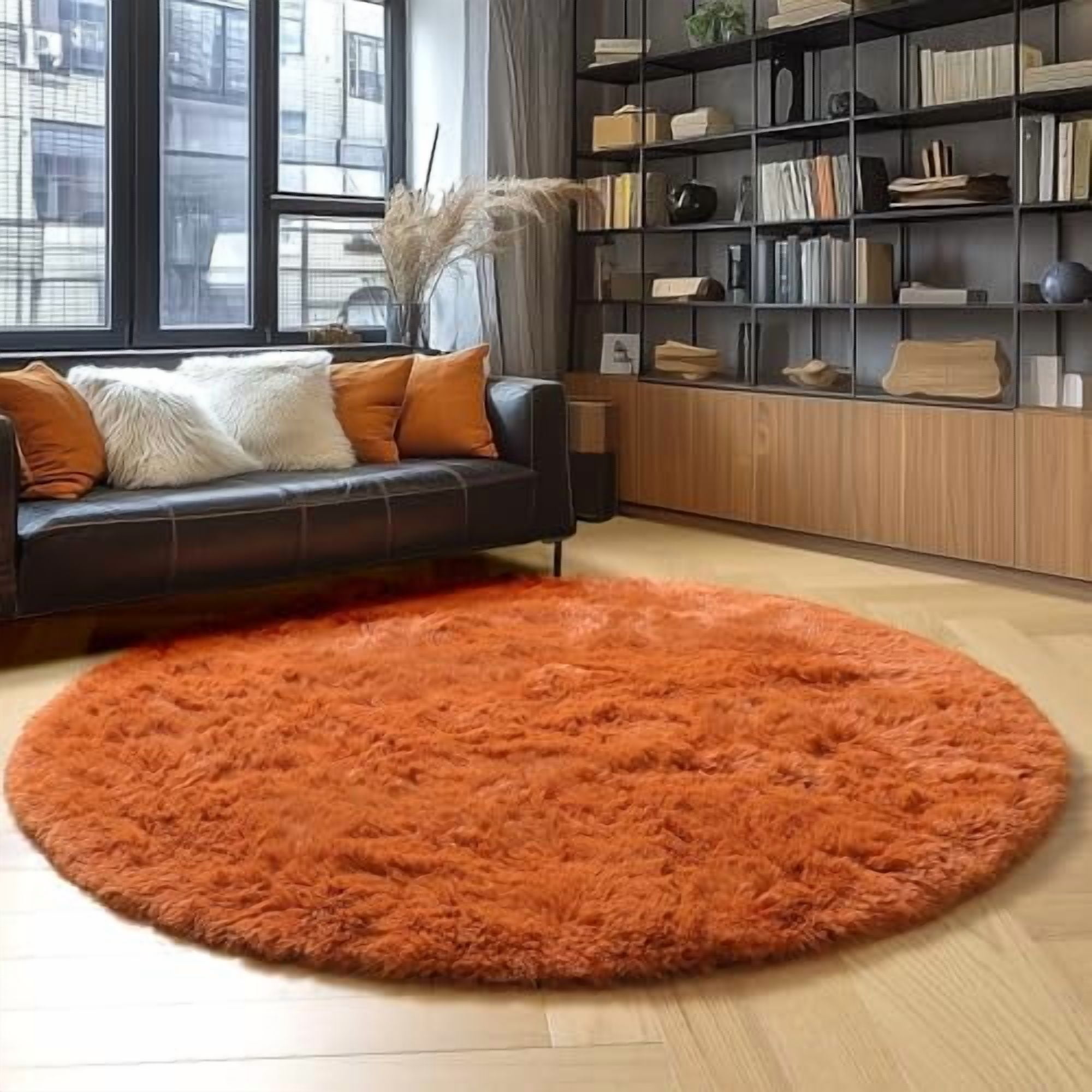 Burnt Orange Round Circle Rug 4Ft for Bedroom Living Room Aesthetic ...