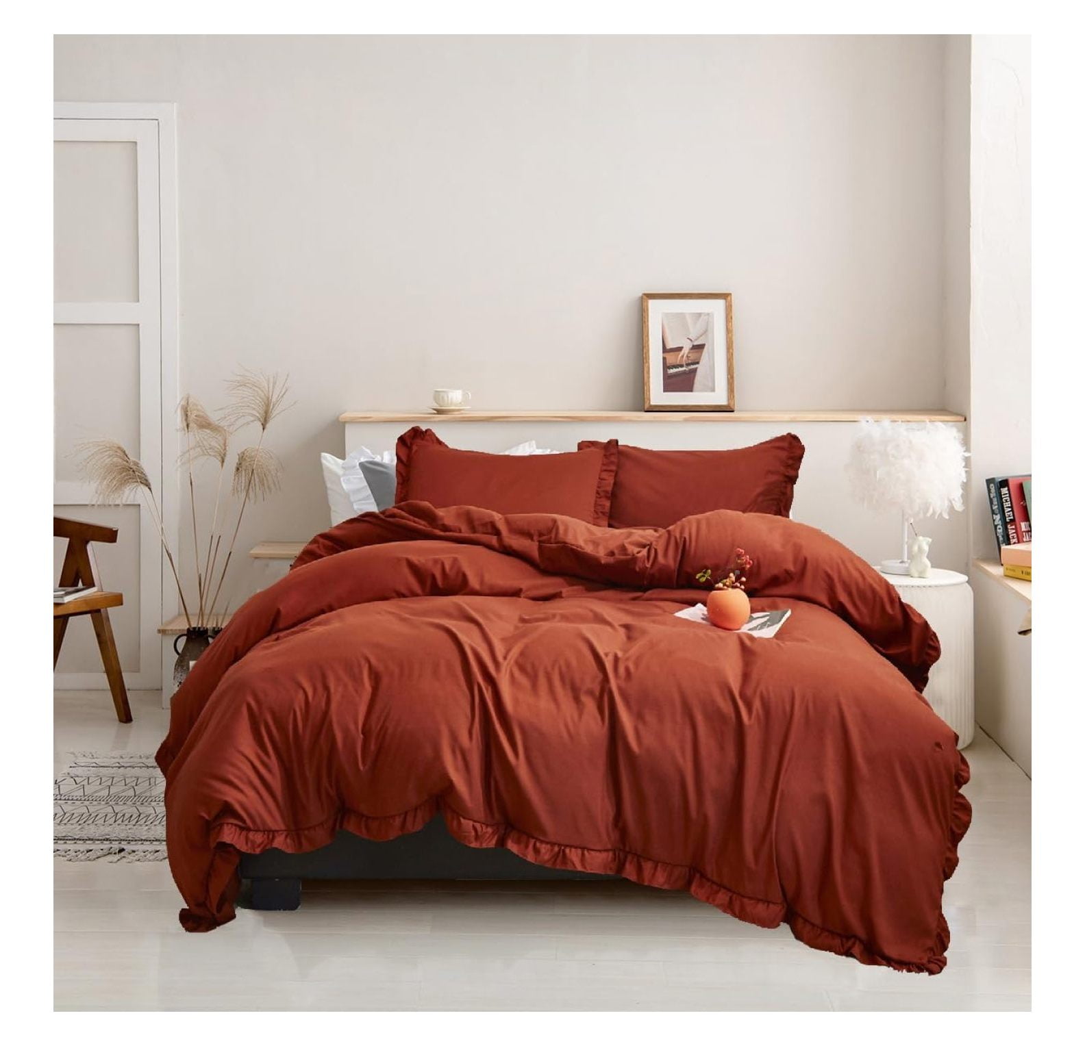 Burnt Orange Ruffle Comforter Set Twin Farmhouse Rust Orange Bedding ...