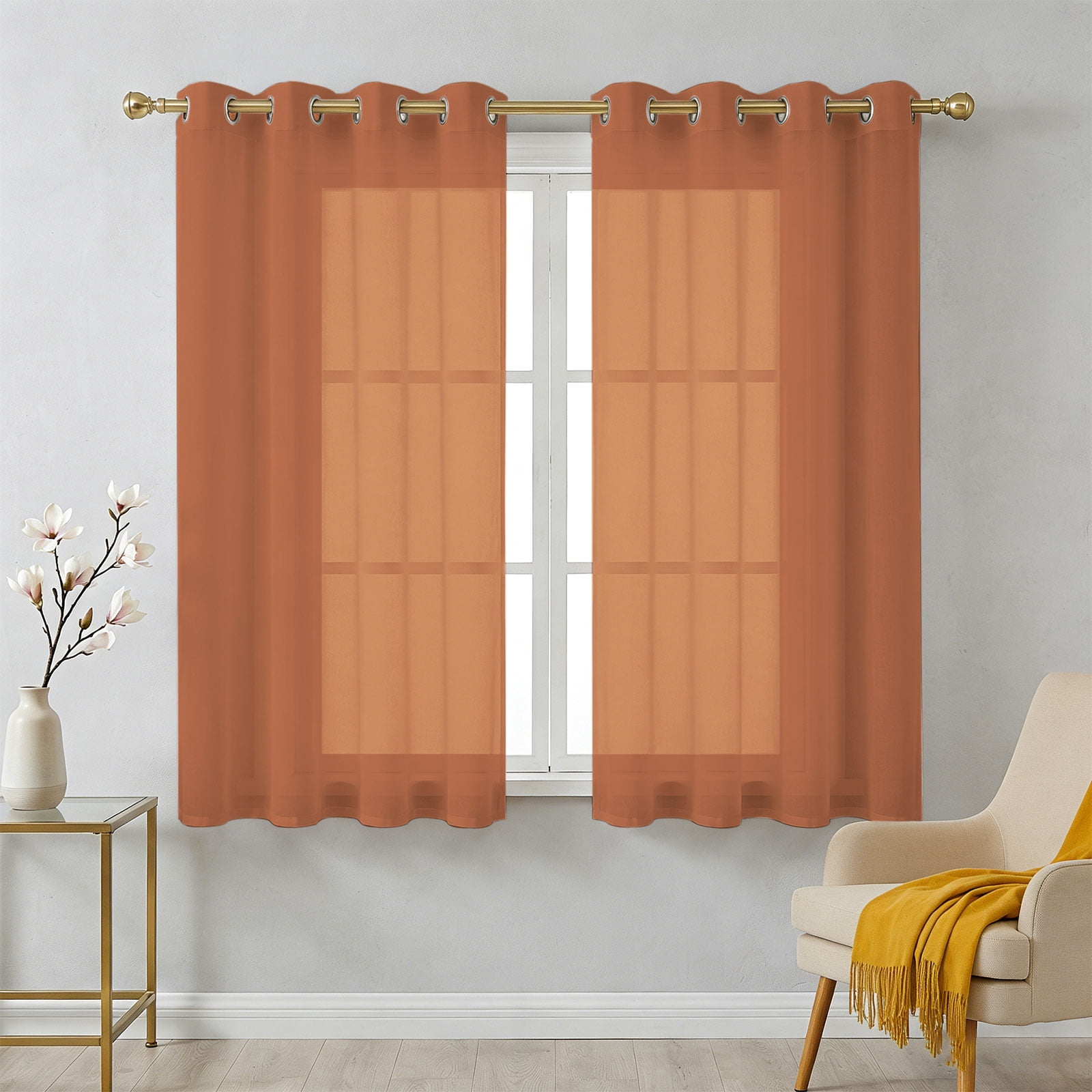 Burnt Orange Sheer Curtains 39 Inch Long 2 Panels, Modern Solid Color ...