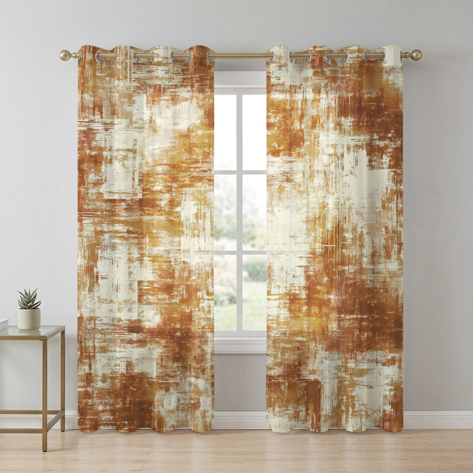 Burnt Orange Sheer Curtains 63 Inch Long 2 Panels, Modern Abstract ...