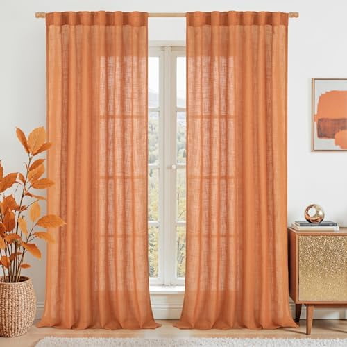 Burnt Orange Sheer Linen Curtains, 108 inch Light Filtering Semi Sheer ...