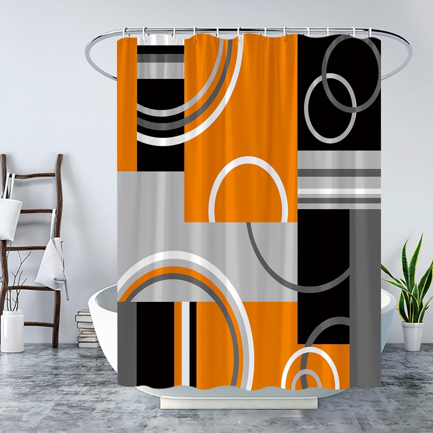 Burnt Orange Shower Curtain Mid Century Modern Abstract Geometric Black