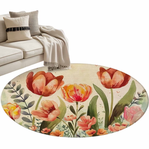 Burnt Orange Spring Floral Round Area Rug 4ft, Summer Botanical Tulip ...