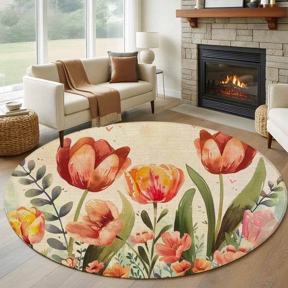 Burnt Orange Spring Floral Round Area Rug 5 FT, Non Slip Bedroom Rugs ...