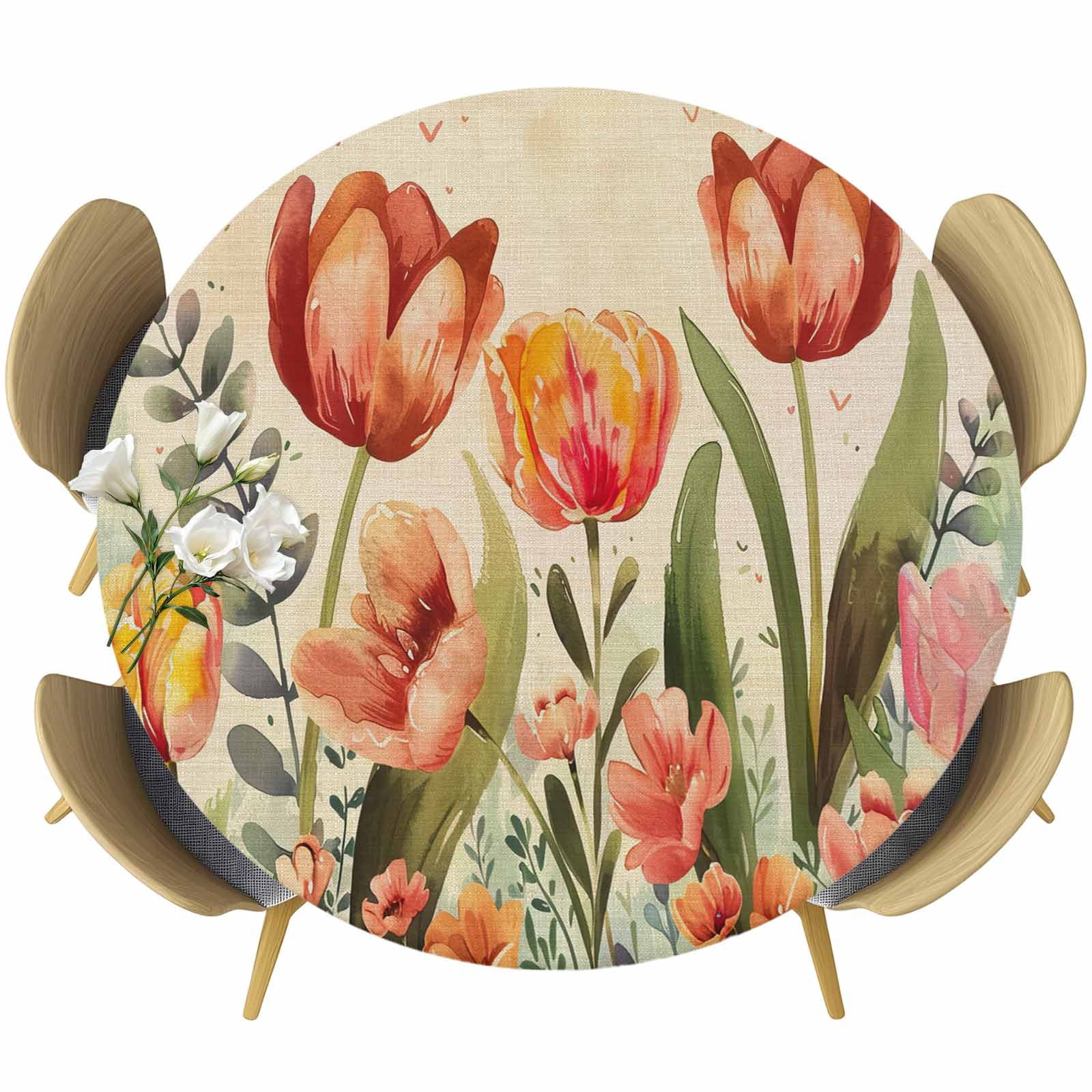 Burnt Orange Spring Floral Table Cloth, Round Fitted Tablecloths with ...