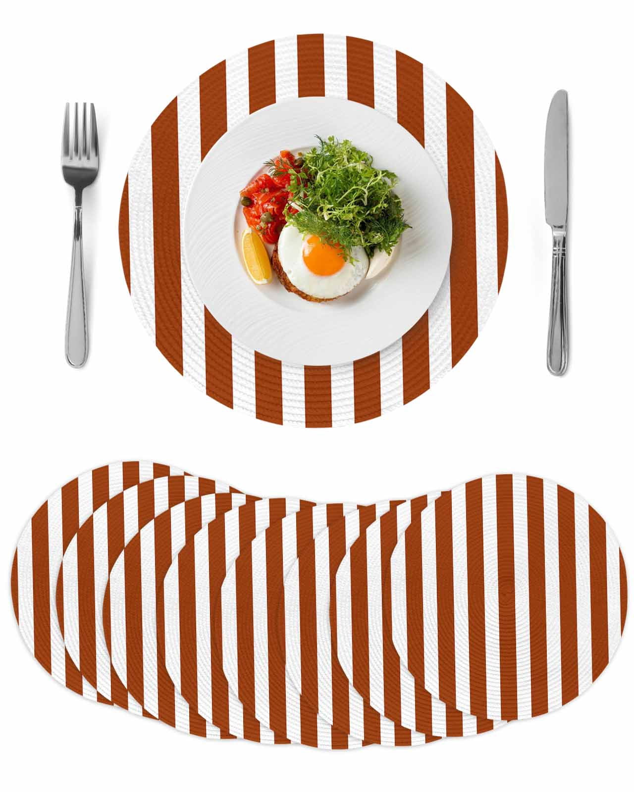Burnt Orange Stripe Round 13 Inch Placemats Set of 8, Farmhouse Striped ...