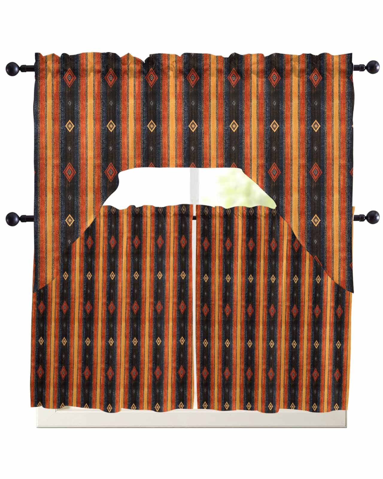 Burnt Orange Striped Kitchen Curtains Swag Valance and Tier Curtains Set 24 Inch Length, Modern ...