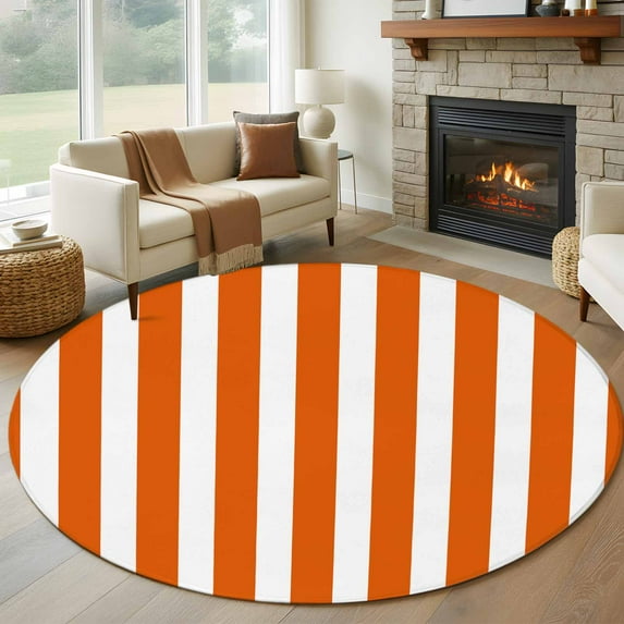 Burnt Orange Striped Round Area Rug 6 FT, Non Slip Bedroom Area Rug ...
