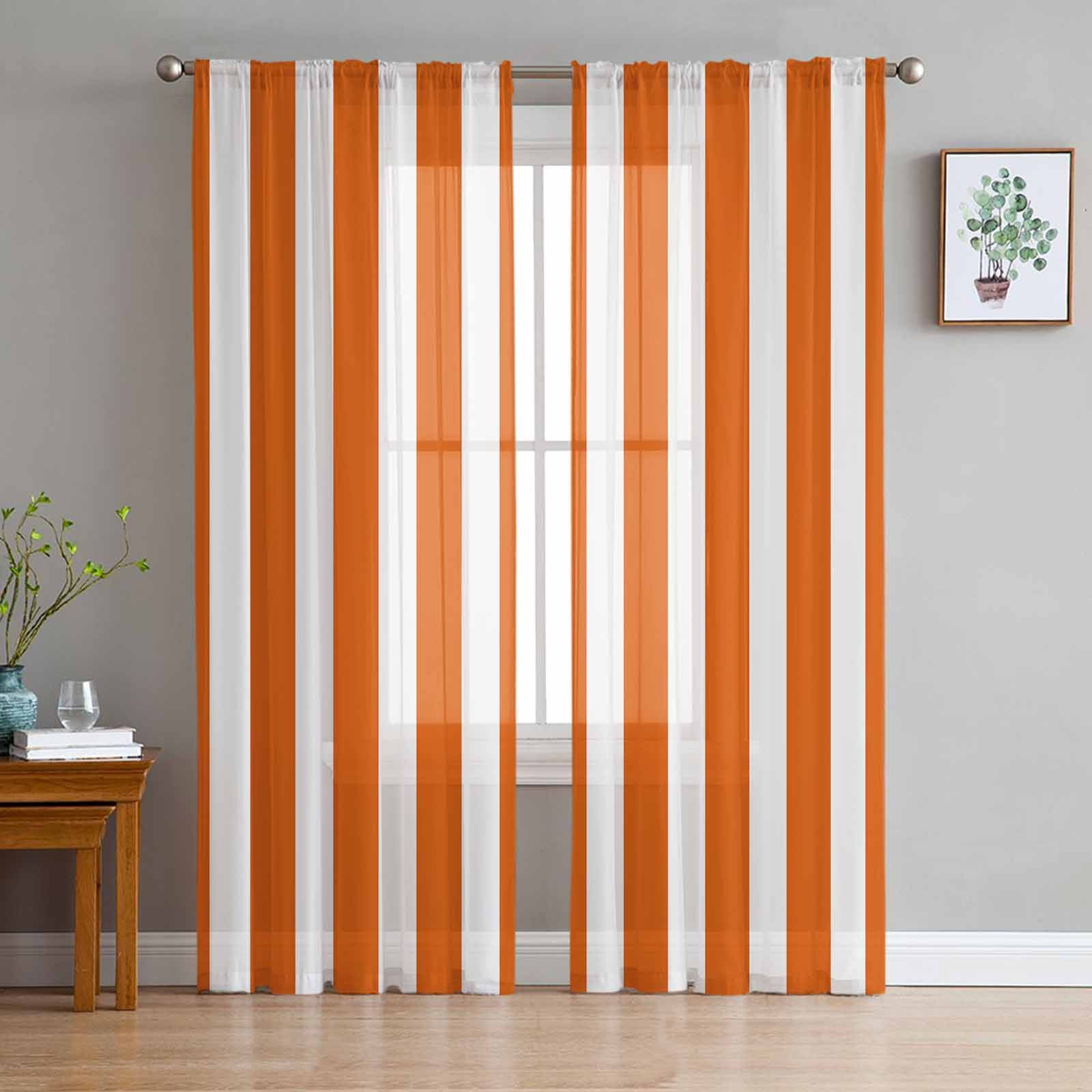 Burnt Orange Striped Semi Sheer Curtains 72 Inch Length 2 Panels Set, Thanksgiving Orange White ...