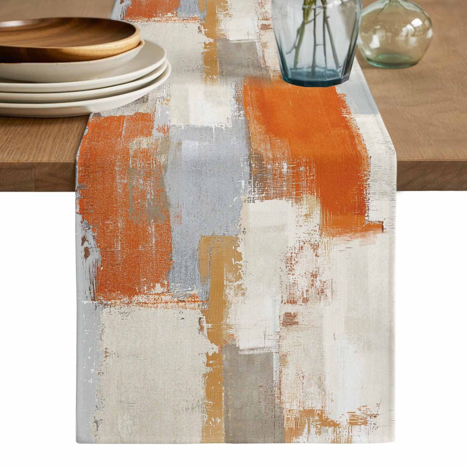 Burnt Orange Table Runner, Modern Geometric Grey Oil Painting Abstract ...