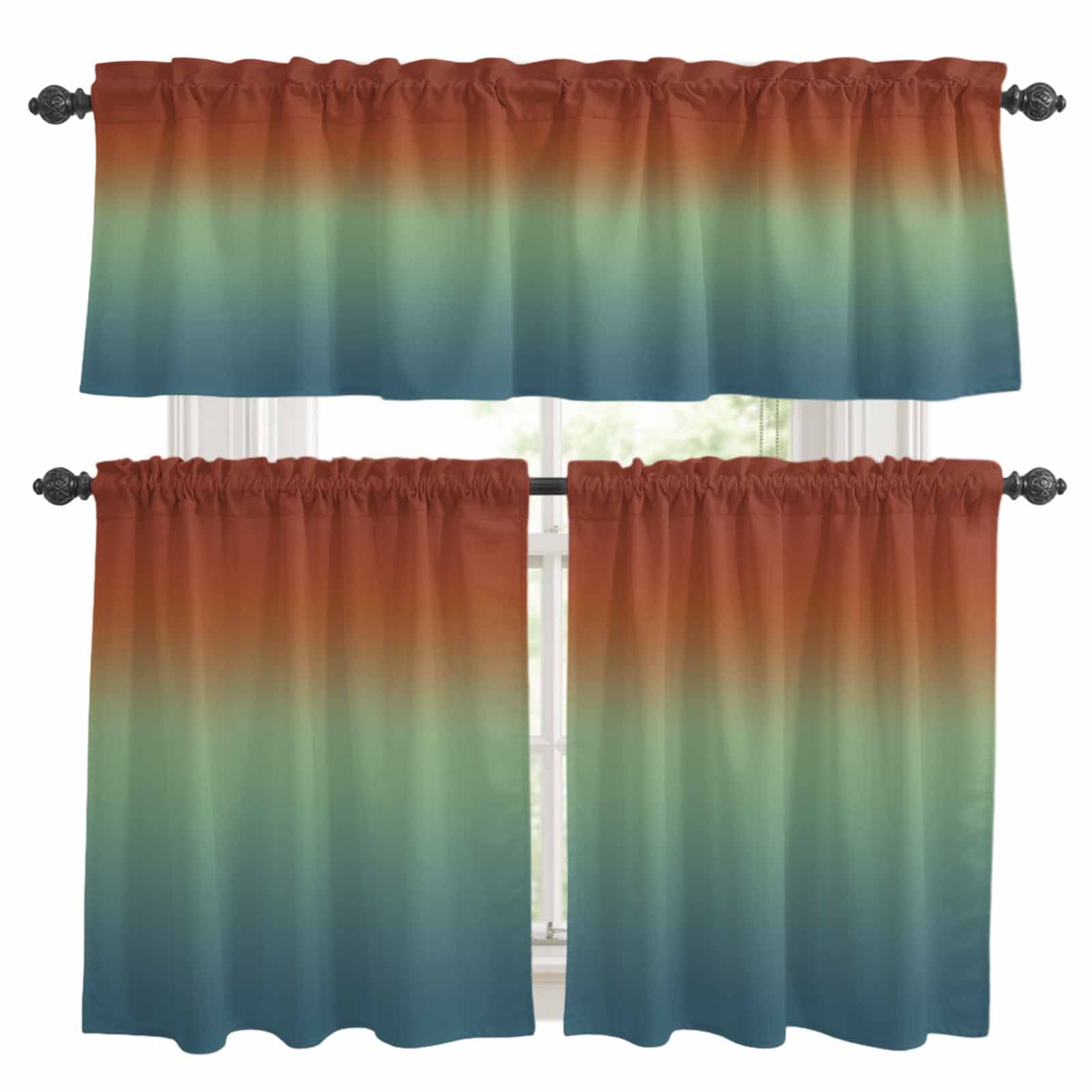 Burnt Orange Teal Ombre Kitchen Curtains Sets for Windows 24 Inch ...