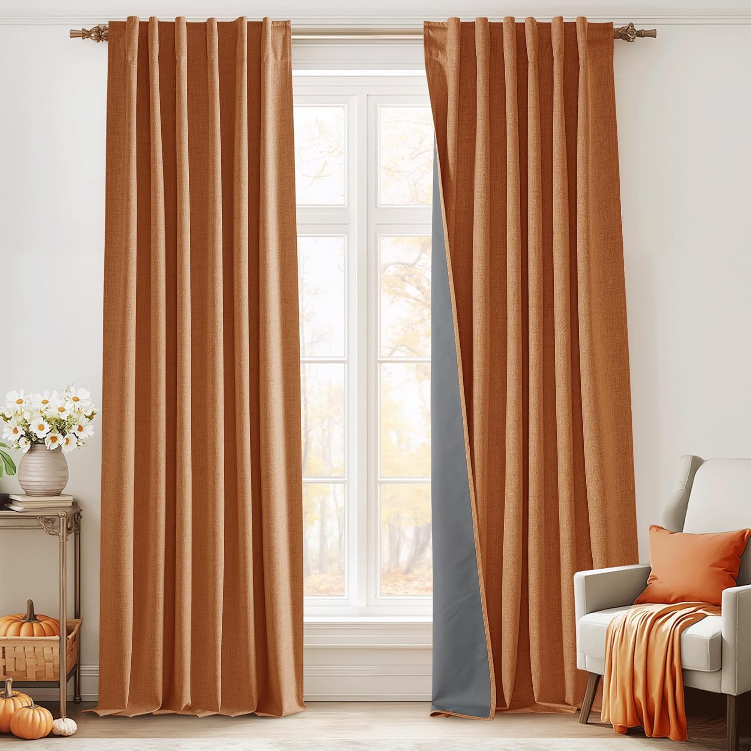 Burnt Orange Total Blackout Linen Texture Curtains, Fall Thermal ...