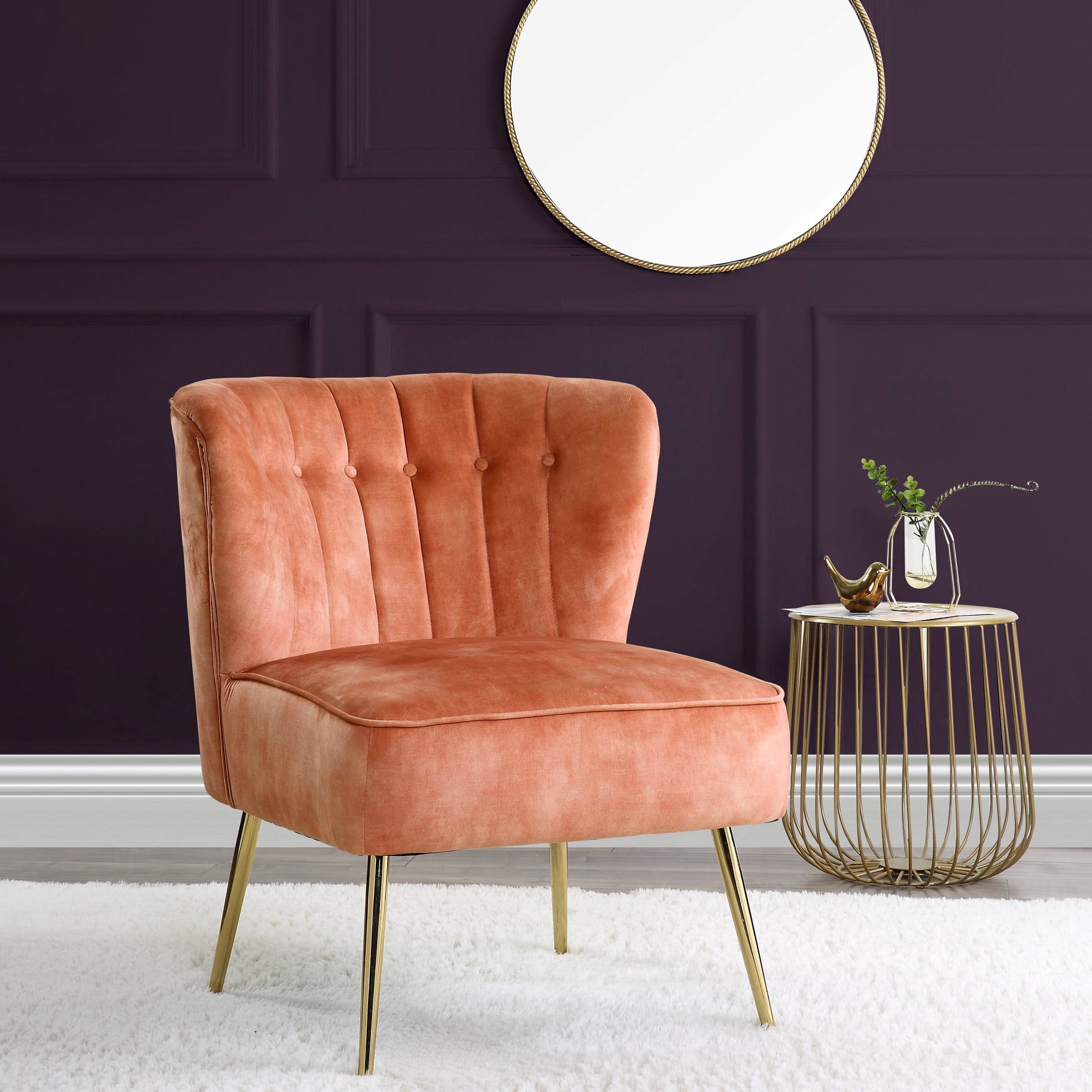 Burnt Orange Velvet Wingback Chair With Detail And Metal Frame For ...