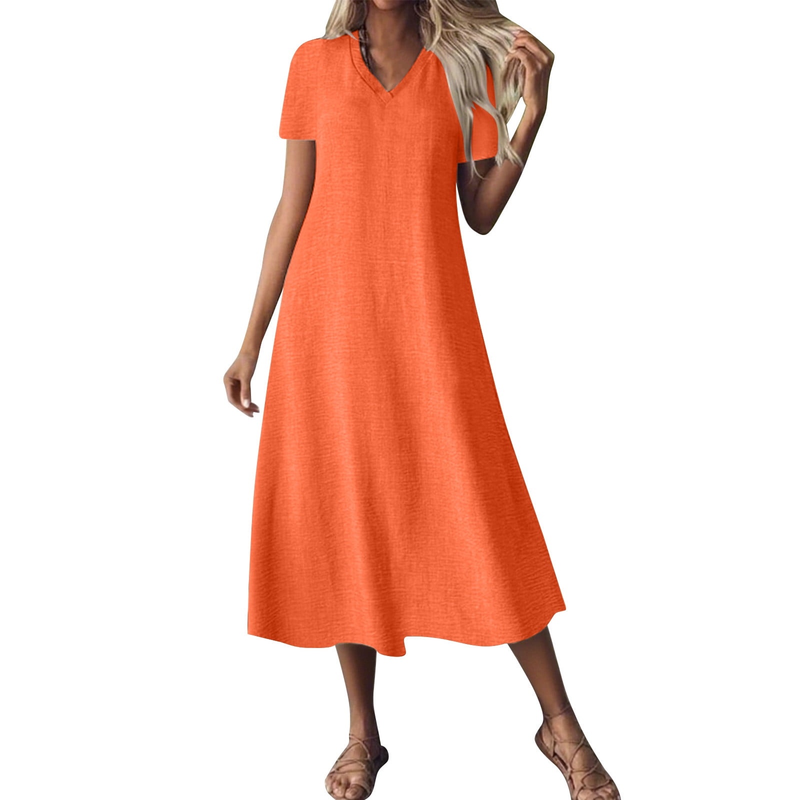 Burnt Orange Vneck Faux Linen for Women Summer Fall Short Sleeve Long ...