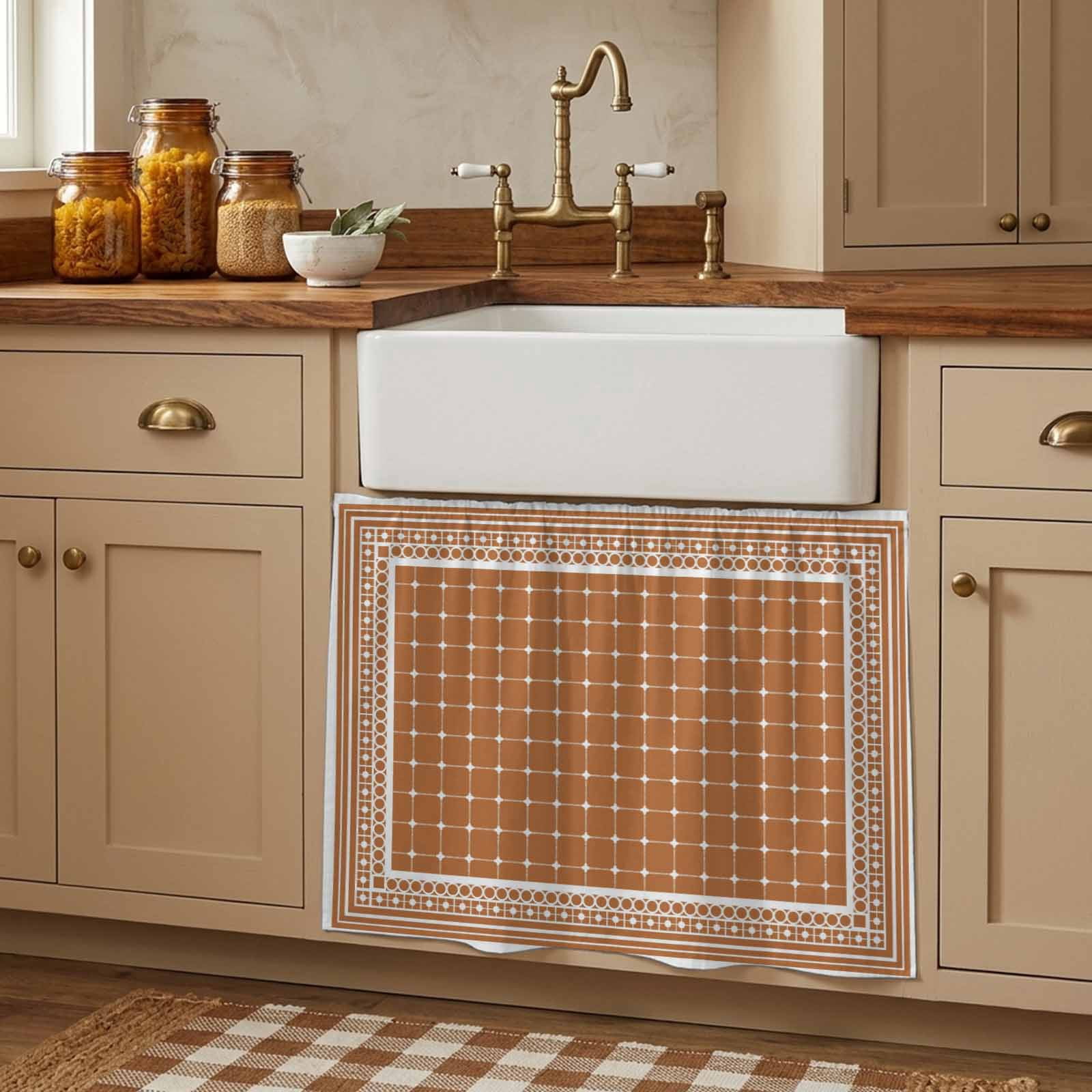 Burnt Orange White Border Grids Cabinet Curtains 28"W x 35L, Geometric ...