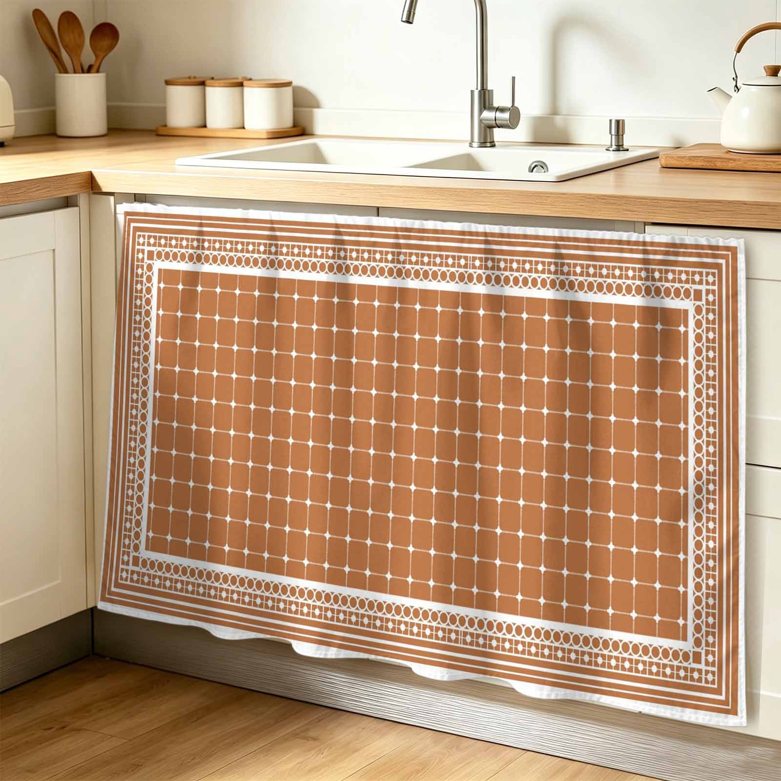 Burnt Orange White Border Grids Cabinet Curtains for Shelves, Geometric ...