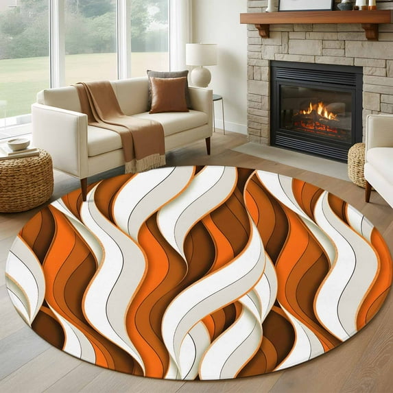 Burnt Orange White Moire Round Rug 6ft Washable Circle Kitchen Rugs Non ...