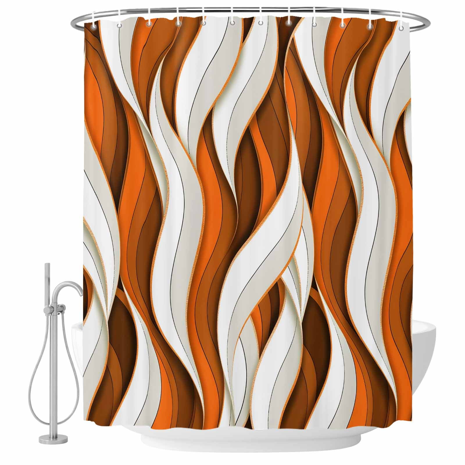 Burnt Orange White Moire Shower Curtain Set - Long 72" x 84" Washable ...