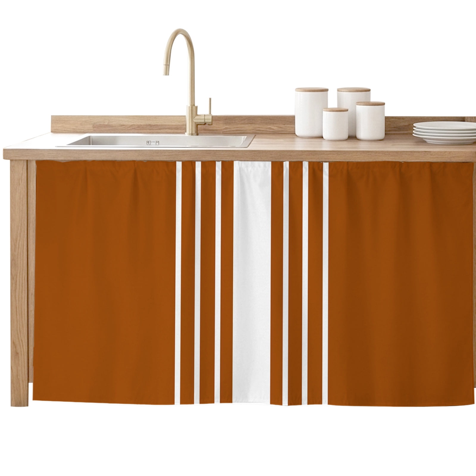 Burnt Orange White Stripe Cabinet Curtains 32"W x 55"L,Dustproof Sink ...