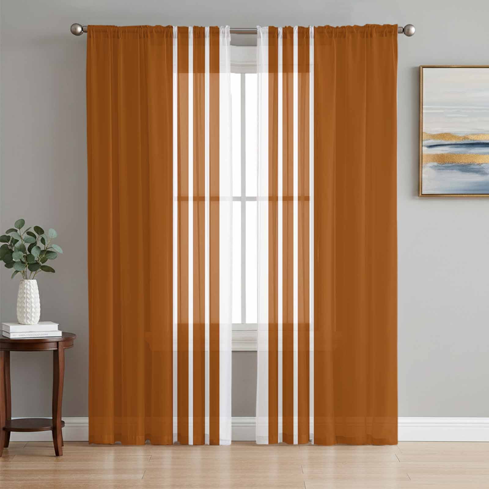 Burnt Orange White Stripe Semi Sheer Curtains 72 Inch Length 2 Panels ...