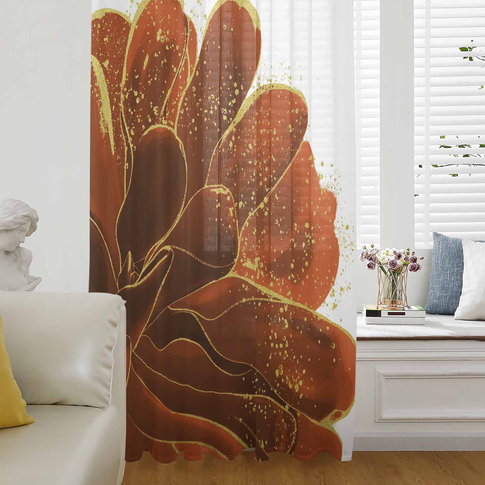 Burnt Orange Window Curtain 108 Inches Long,Sparkle Gold Stained Floral ...