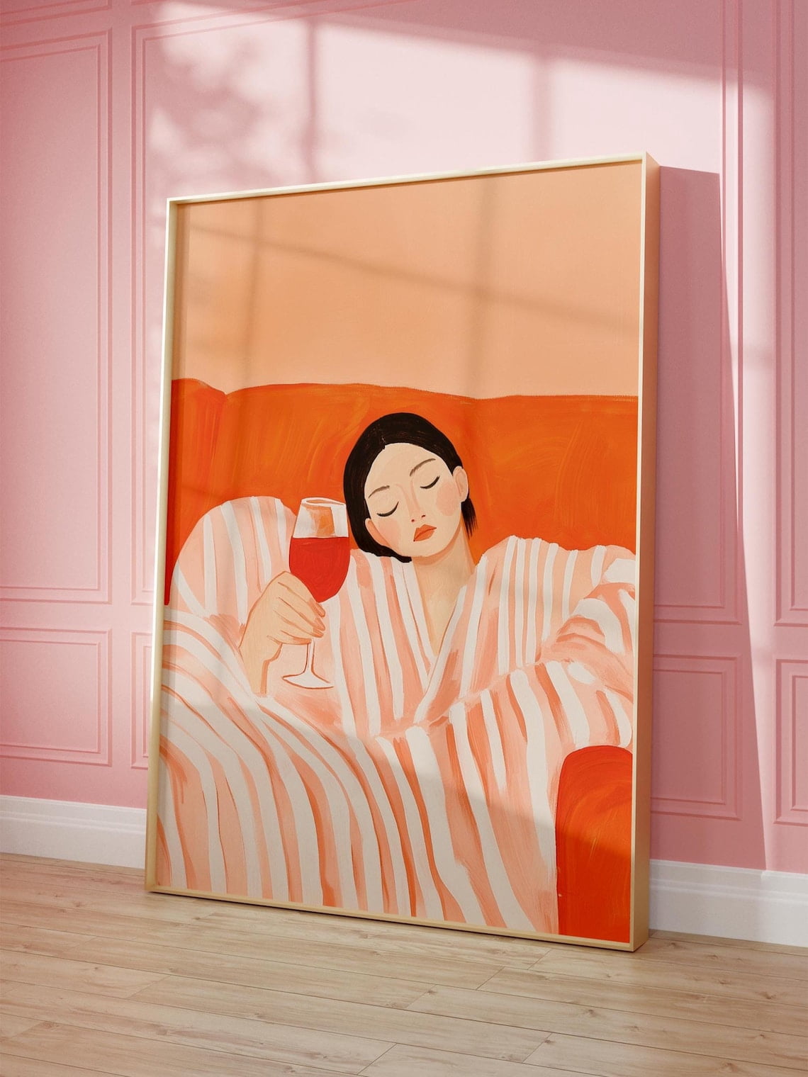Burnt Orange Woman Relaxing With Wine Minimalist Abstract Portrait ...