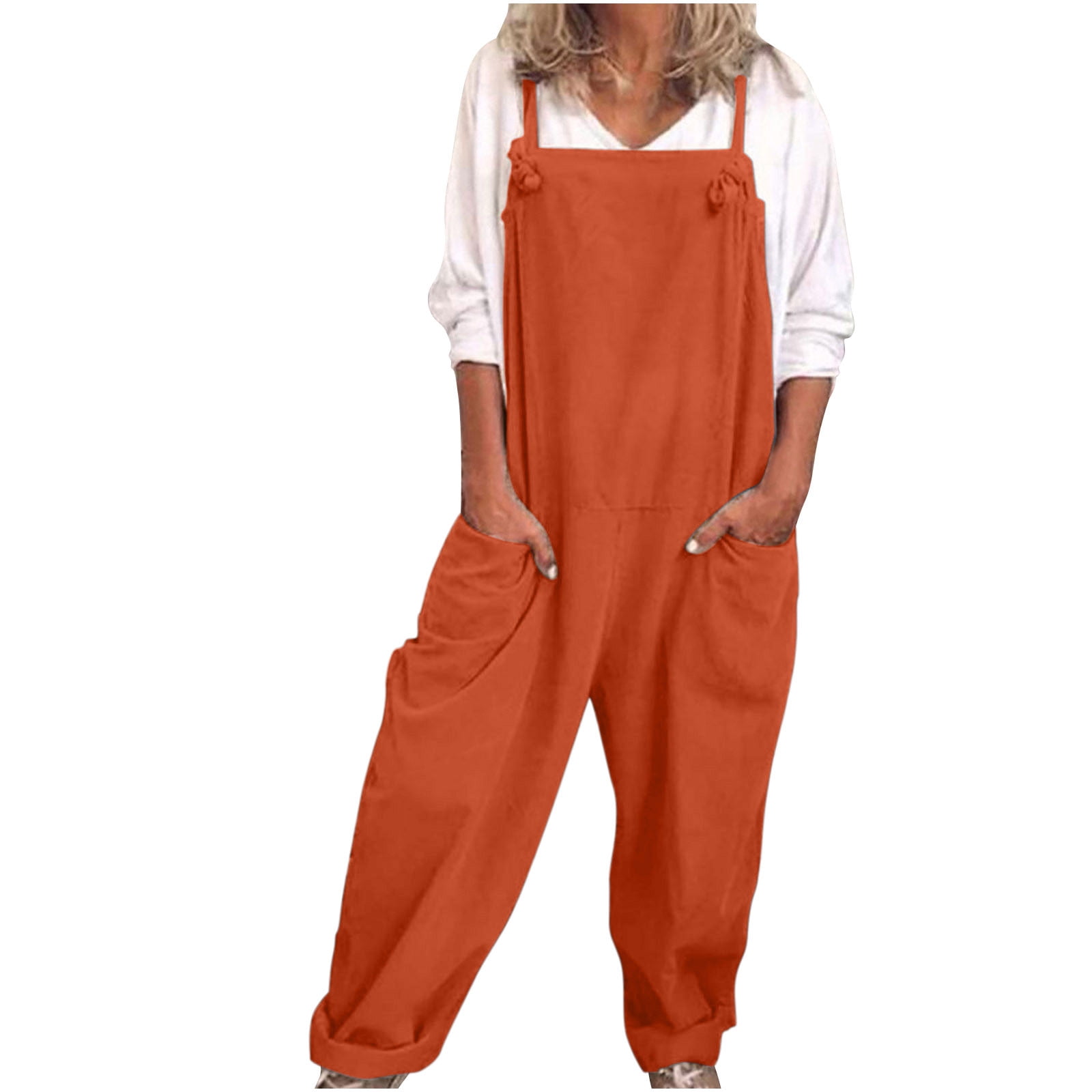 Burnt Orange Women Thin Overall Straight Leg Plain Long Leg Overalls ...