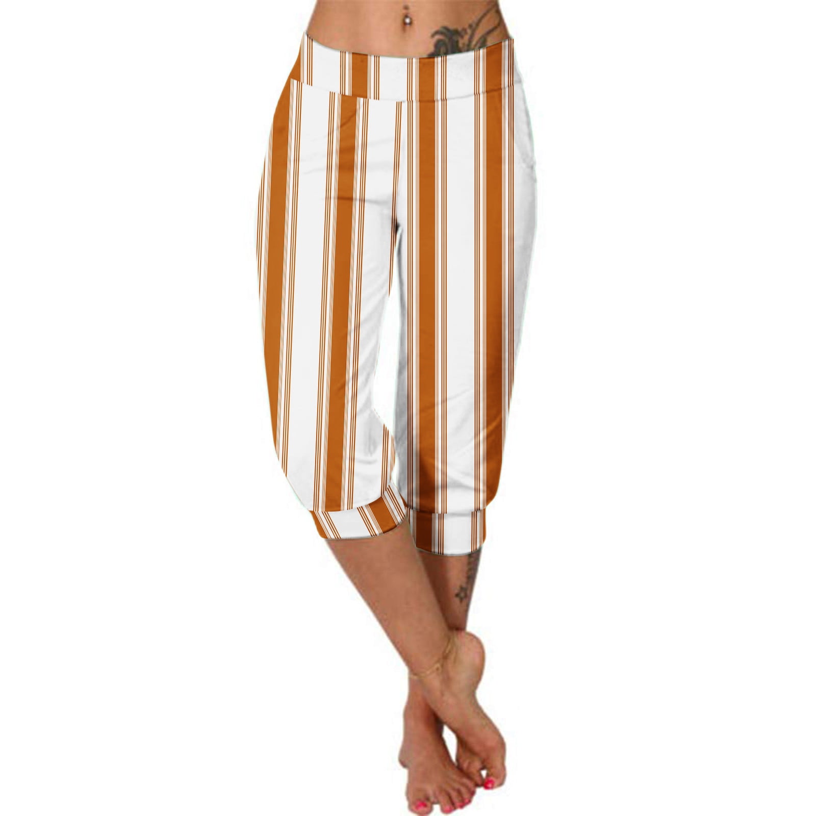 Burnt Orange Womens Capri Ruched High Leg Striped Bodycon Trousers ...