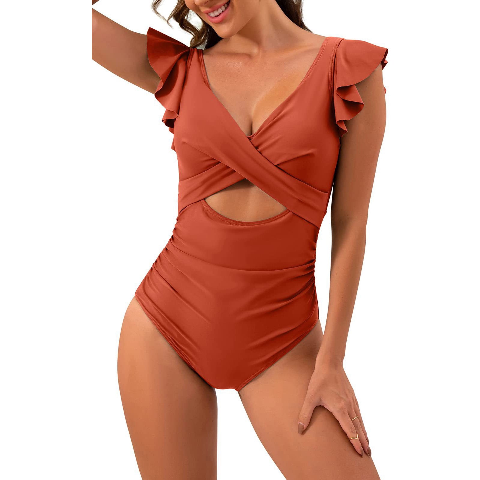 Burnt Orange Womens Sleeveless Oversized Swimsuits for Women Deep V Neck Work Out Gym Surfing ...